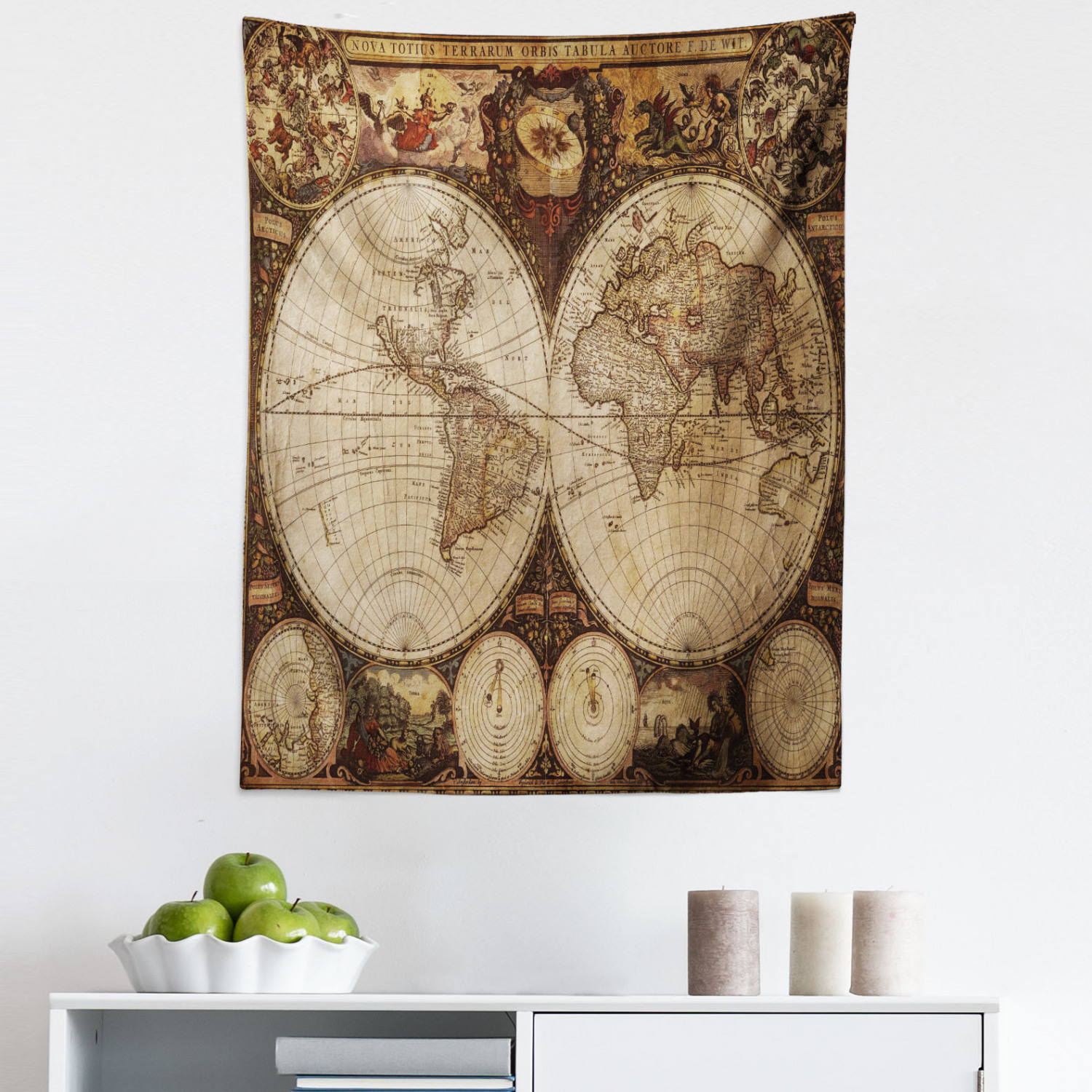 World Map Tapestry, Old World Map Drawn in 1720s Nostalgic Style Art ...