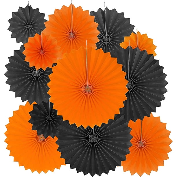 Black Orange Party Hanging Paper Fans Decorations - Halloween Party ...