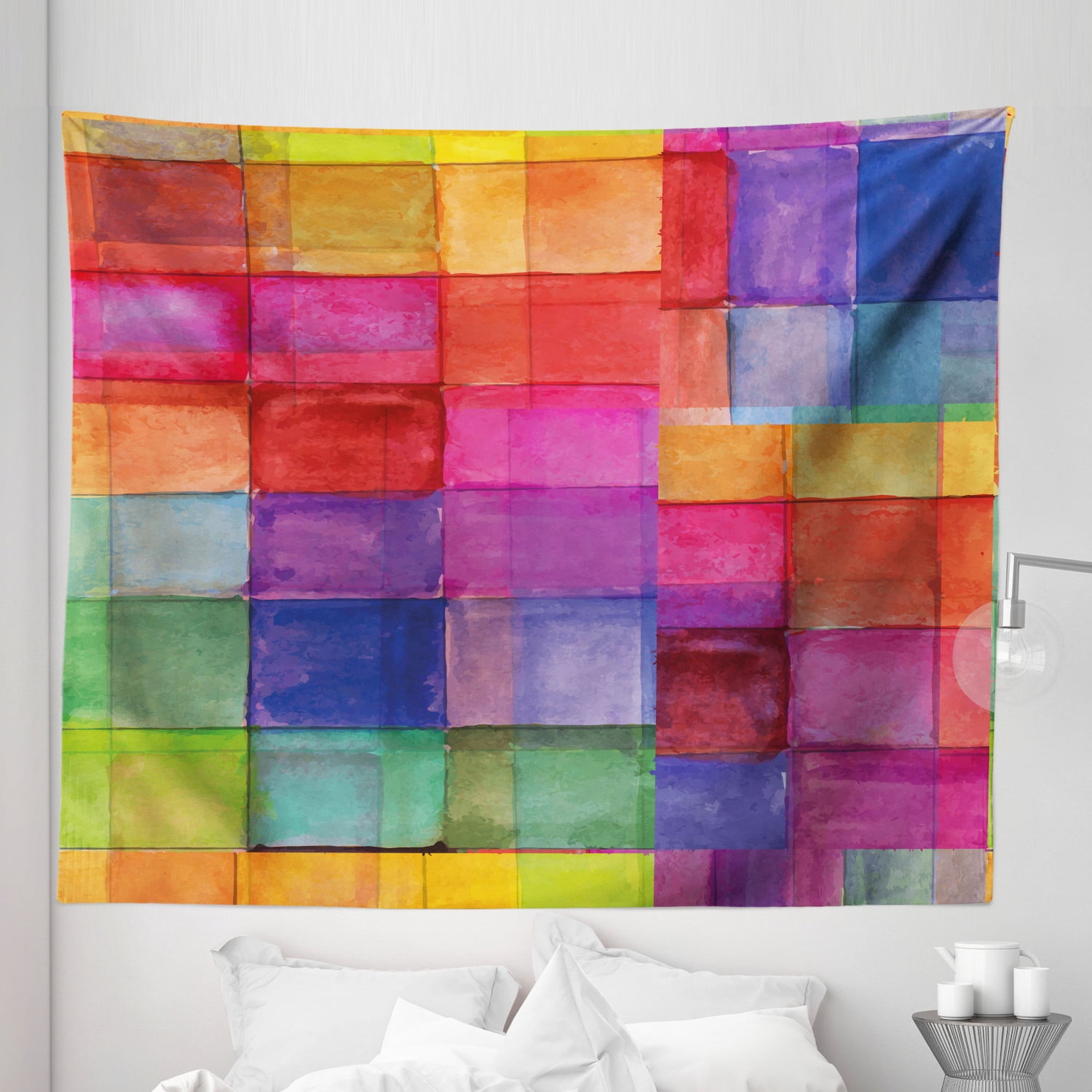 Abstract Tapestry, Rainbow Colored Geometric Square Shaped Blurry ...