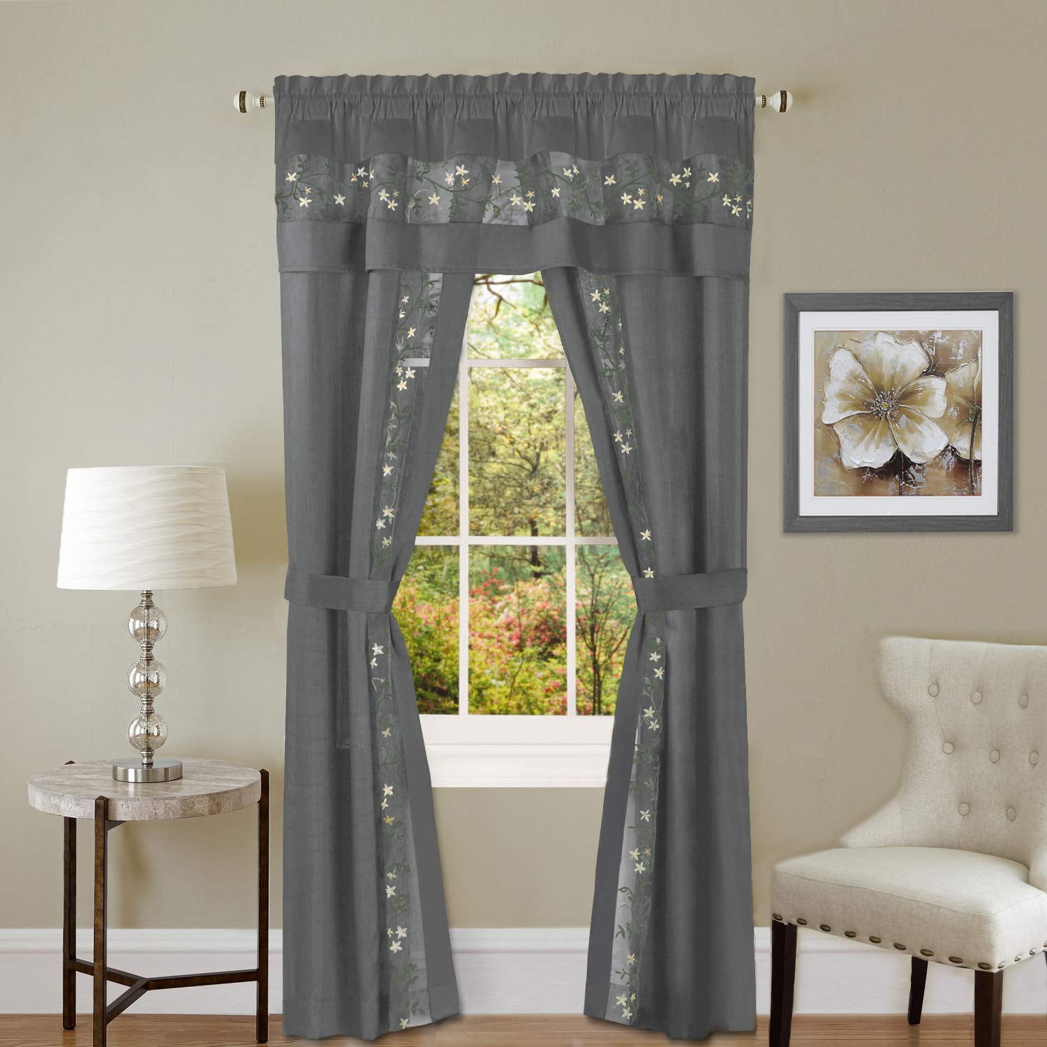 5-Piece Light Filtering Floral Semi-Sheer Window Curtain Set - Includes ...