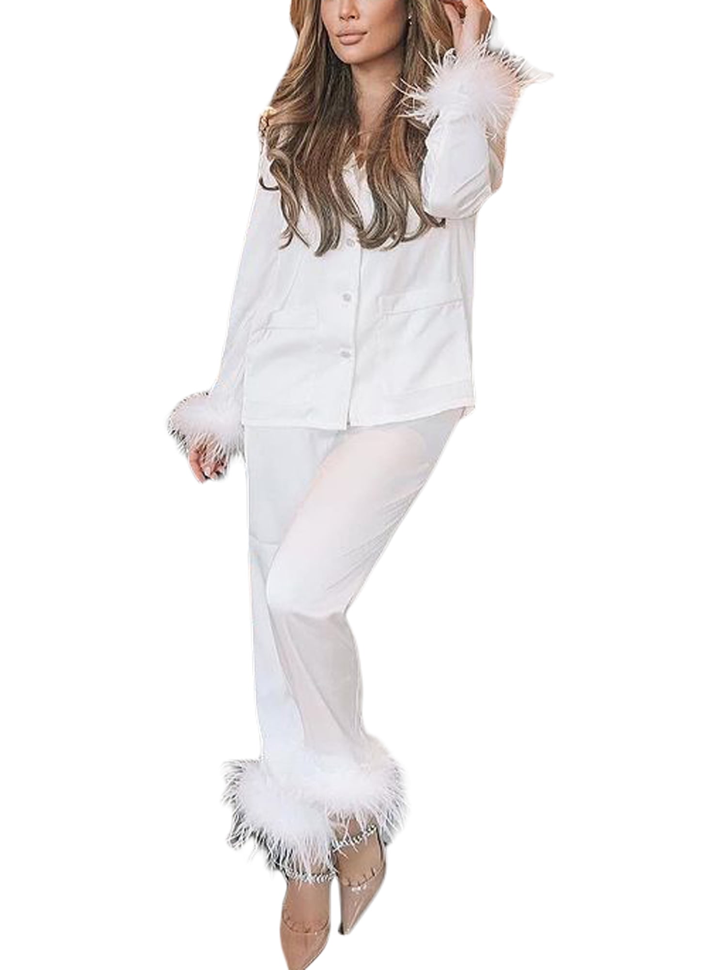 Sunisery Women Silk Satin Pajamas Set Button Down Long Sleeve Sleepwear ...