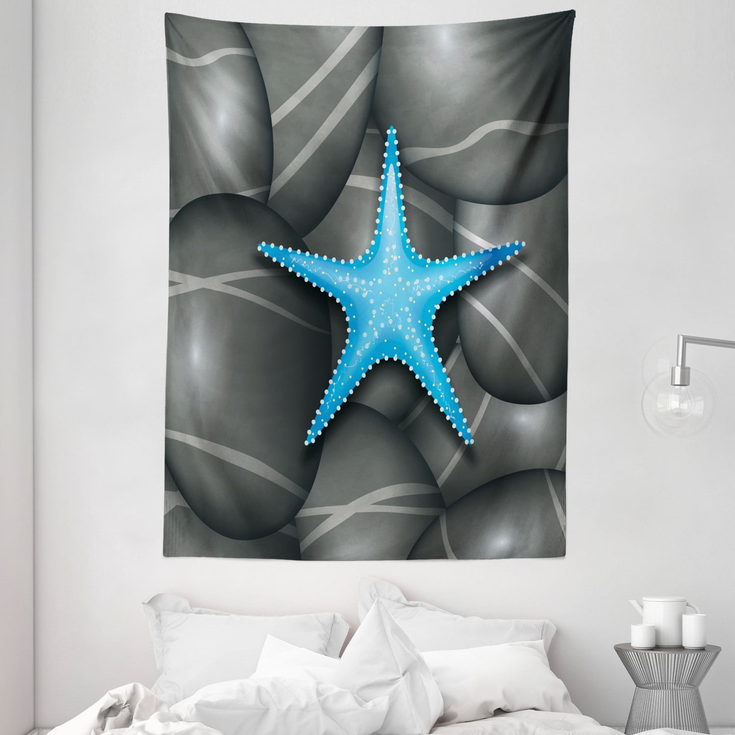 Starfish Decor Tapestry, Blue Starfish among Sea Pebble Stones Ocean ...