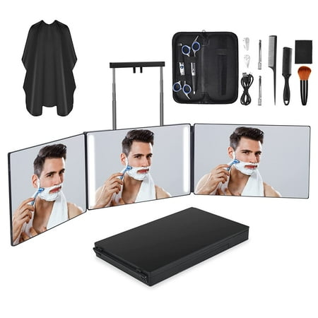 3 Way Mirror for Self Hair Cutting,360° Mirror with Rechargeable LED ...