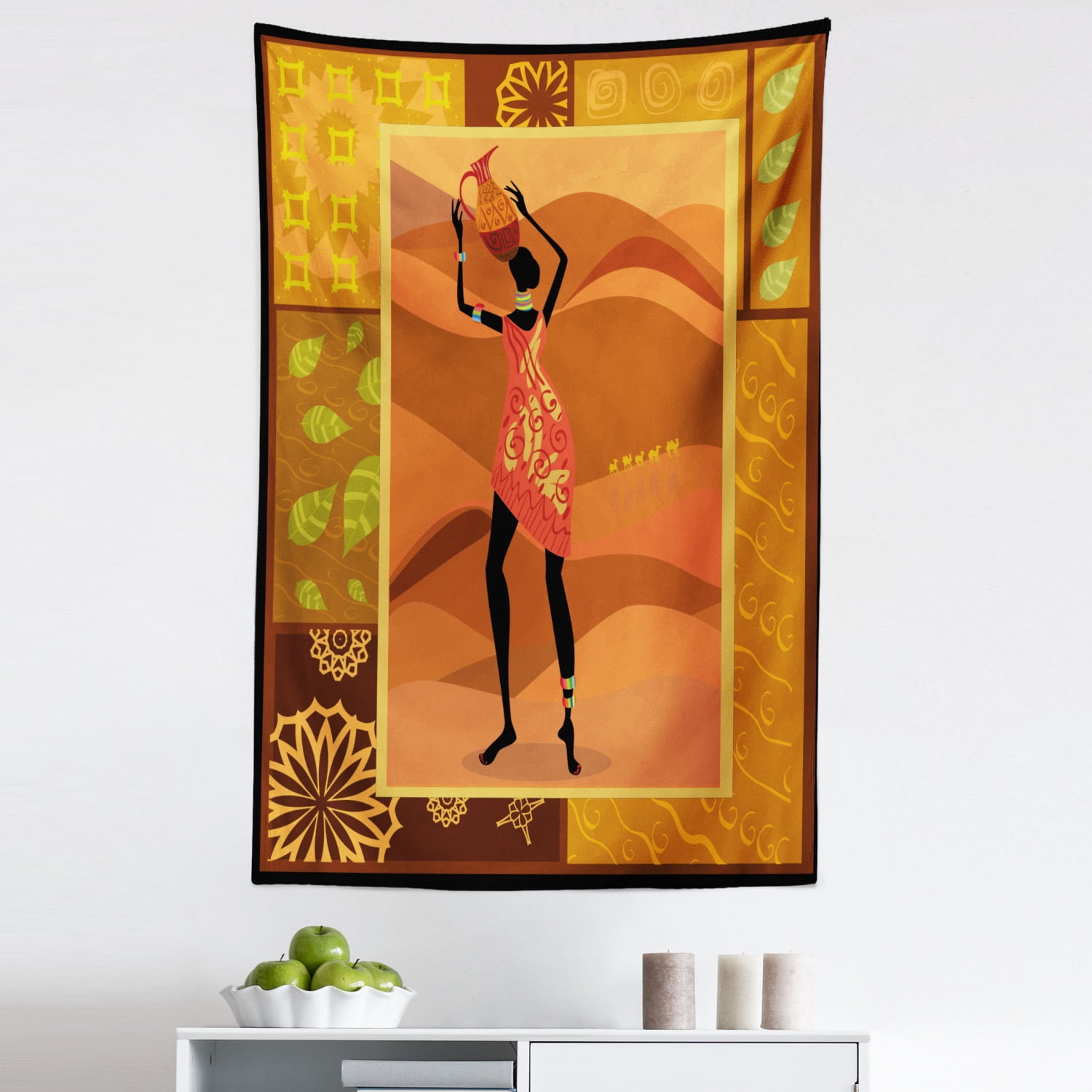 African Tapestry, Frame with Natural Autumn Elements Native Girl with ...