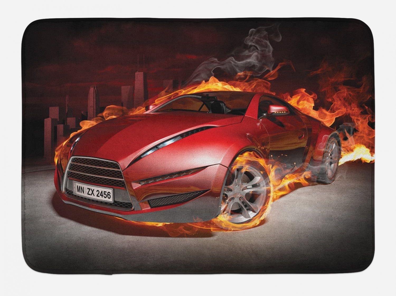 Cars Bath Mat, Red Sports Car Burnout Tires in Blazing Engine Hot Smoke ...