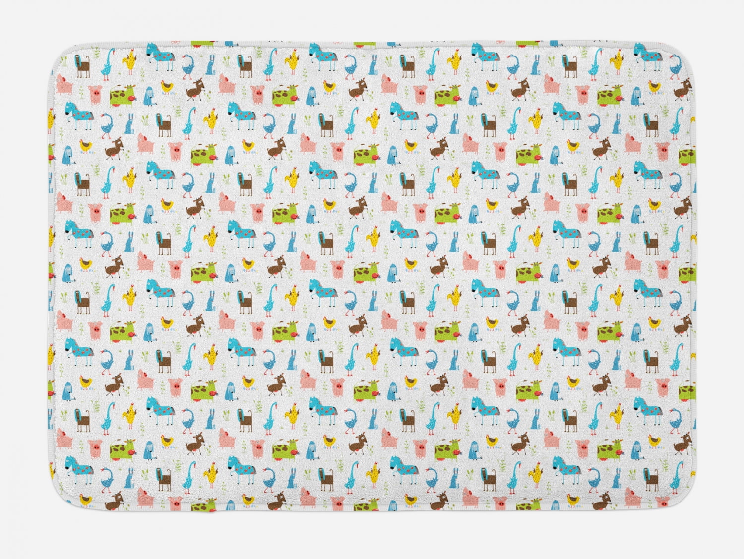 Cartoon Bath Mat, Farm Animals Pattern with Pig Rooster Cow Horse and ...