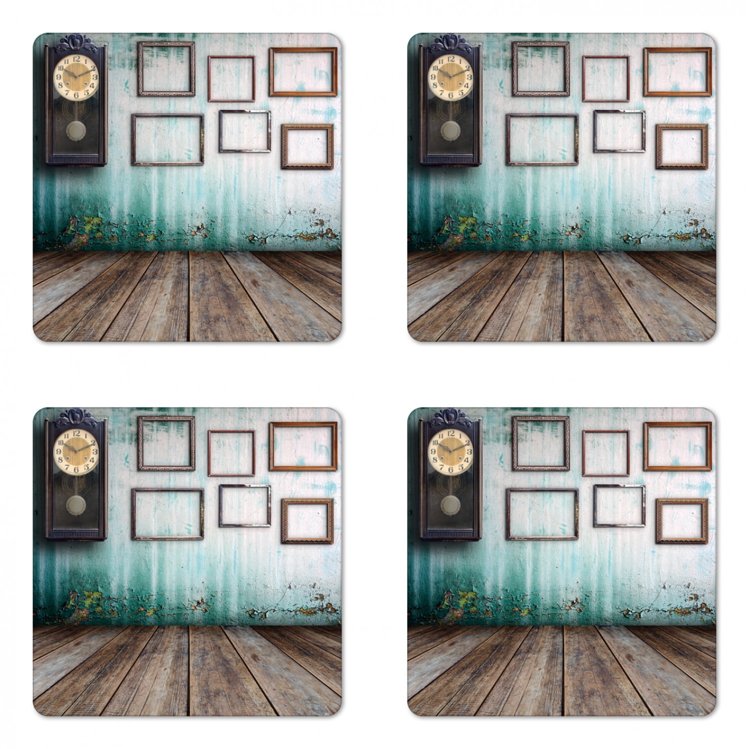 Clock Coaster Set of 4, Vintage Clock and Empty Picture Frames in Old ...