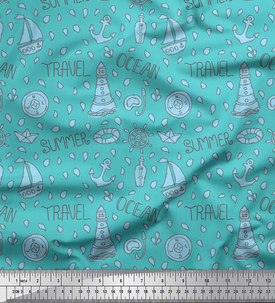 Soimoi Blue Poly Georgette Fabric Yacht & Direction Compass Nautical ...