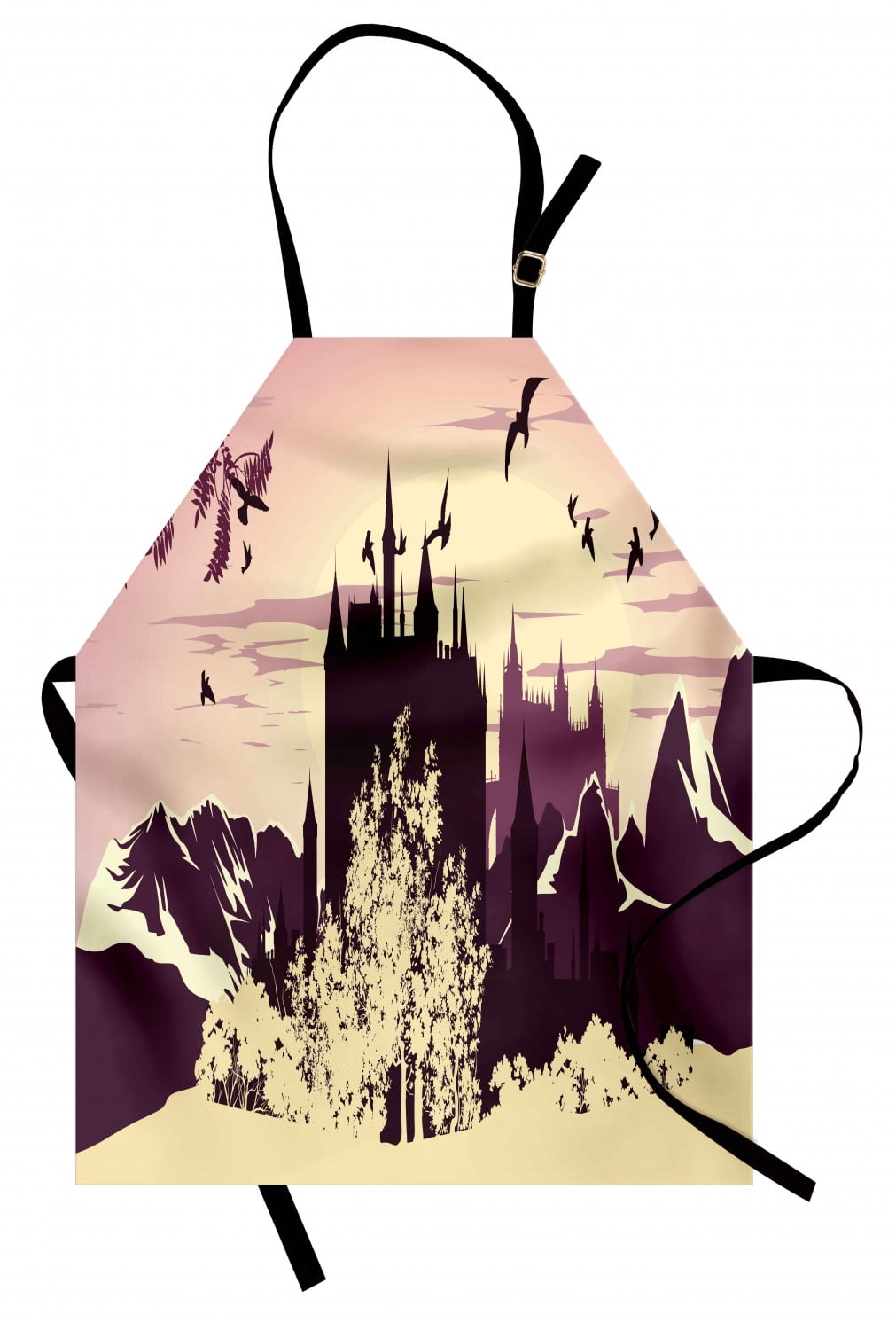 Cartoon Apron, Castle Silhouette with Mountains Landscape and Forest ...
