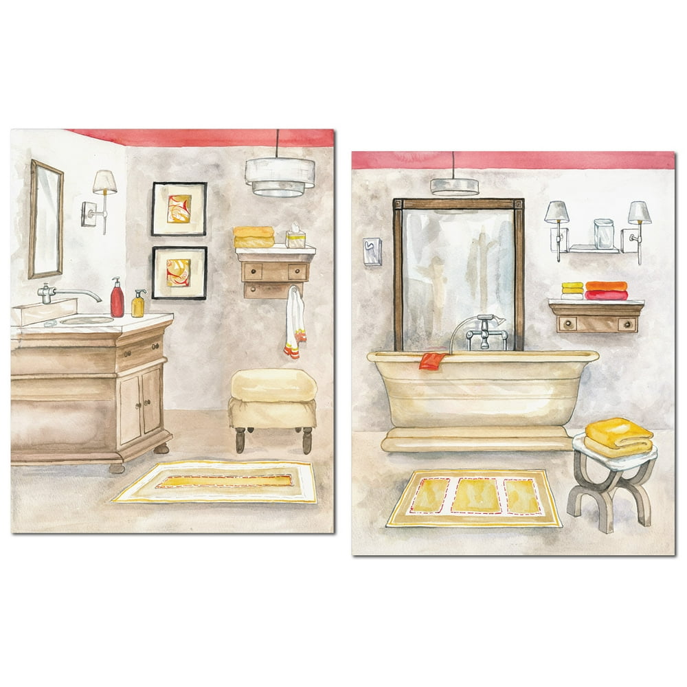 2 Watercolor-Style Bathroom Sink and Bathtub Poster Set; Two 11x14 ...