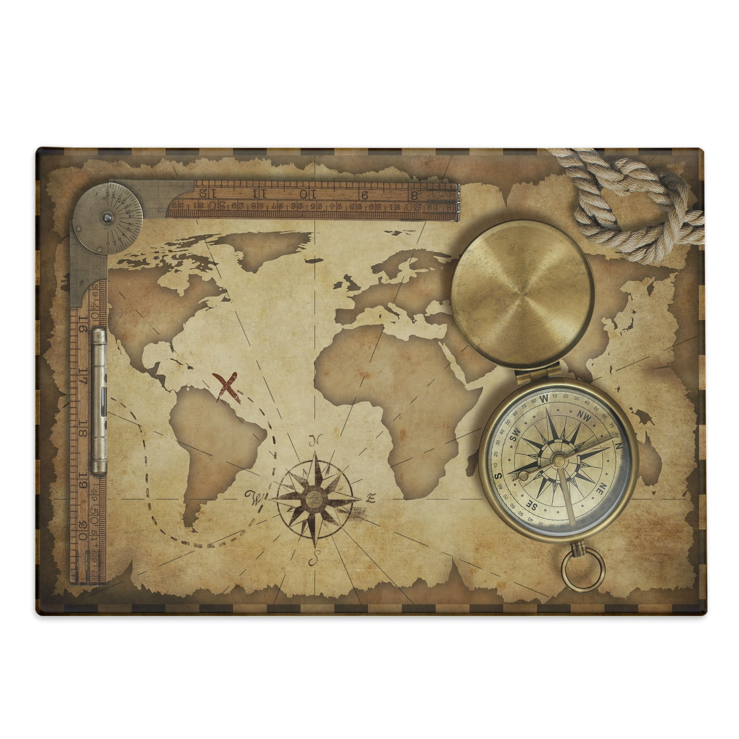 Map Cutting Board, Aged Vintage Treasure Map Ruler Rope Old Compass ...