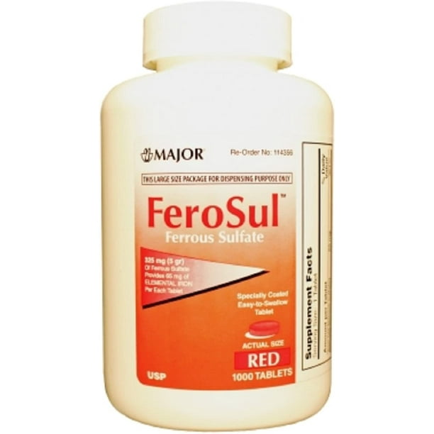 Major FeroSul Ferrous Sulfate 325mg Botlle of 1000 Red Tablets (Pack of ...