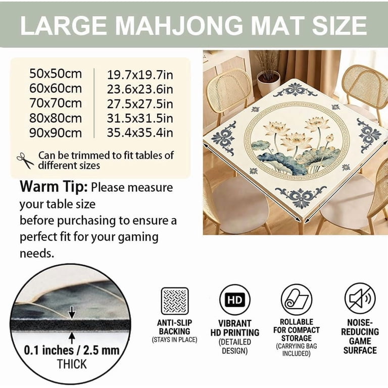 Auspicious Floral Mahjong Mat with Rules for Table (Black,31.5”x31.5 ...