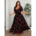 Black Plus-Size Off-Shoulder Rose Print A-Line Dress With Side Split ...