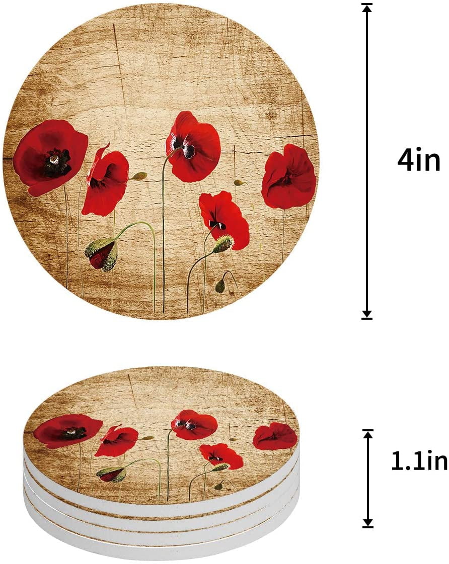 ZHANZZK Red Poppies Vintage Wooden Grain Set of 4 Round Coaster for ...