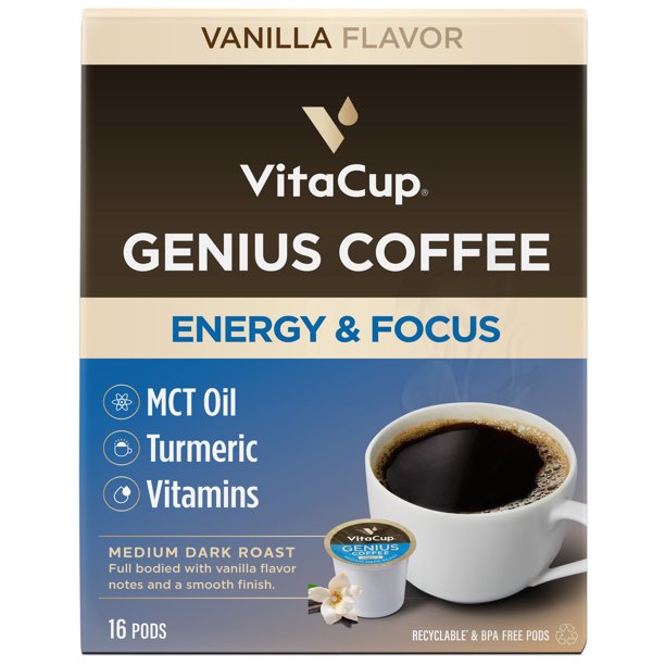 Vitacup Genius Vanilla Keto Coffee Pods Compatible w/ K-Cup Brewers, 16 ...