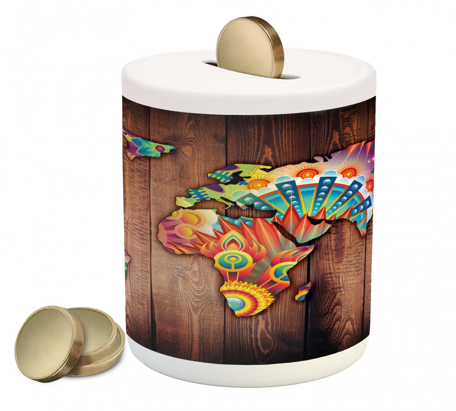 Floral World Map Piggy Bank, World Map on Wooden Rustic Planks Abstract ...