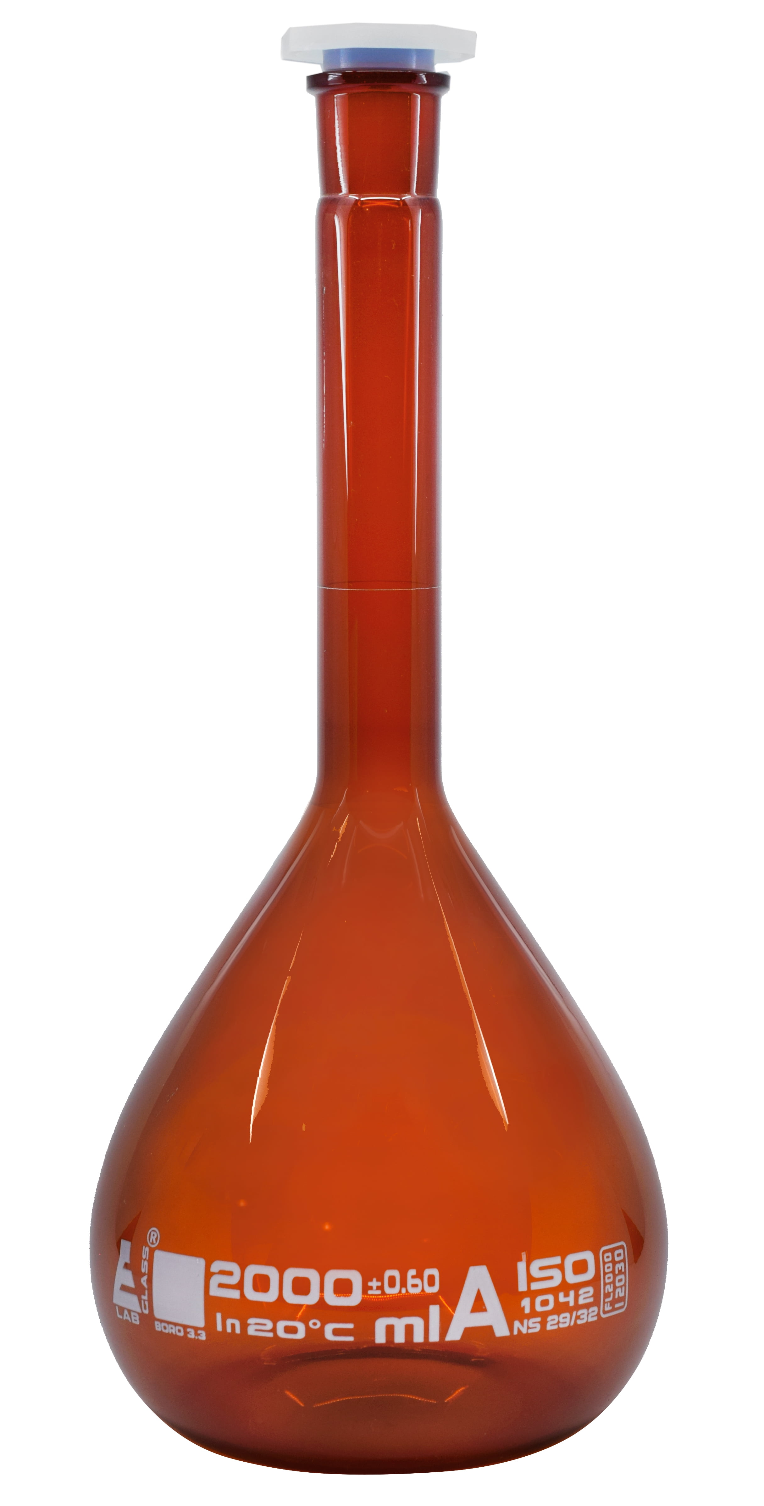 Volumetric Flask, 2000ml - Amber - Fitted with 29/32 Polypropylene ...