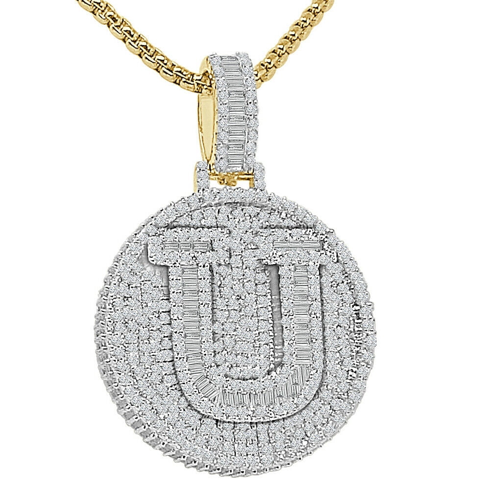 3D Baguette Round Bezel 14K Gold On Initial Letter U Alphabet Charm ...