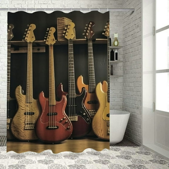 Fenyluxe Guitars Wooden Shelf Shower Curtain with Hooks, Chic Modern ...