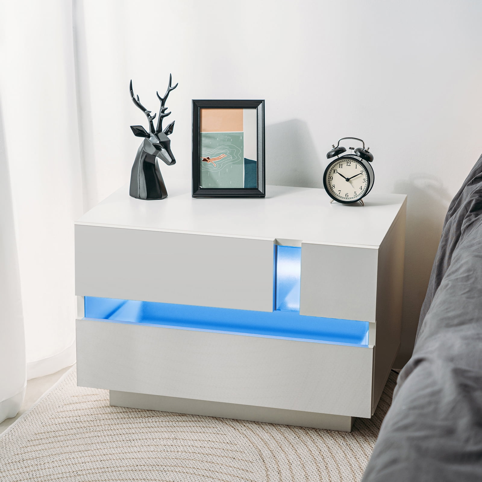 Hommpa LED Nightstand Modern Bedside Table with 2 Drawers White Wood ...