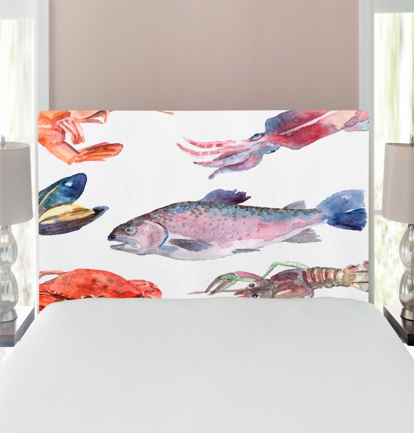 Sea Animals Headboard, Food Illustration Shrimp Mussel Fish Crab ...