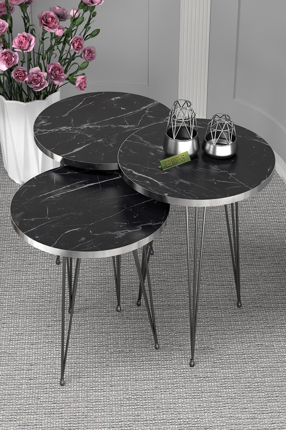 Black Marble Nesting Coffee Tables 3 PCS,Round Side Table With Black 3 ...