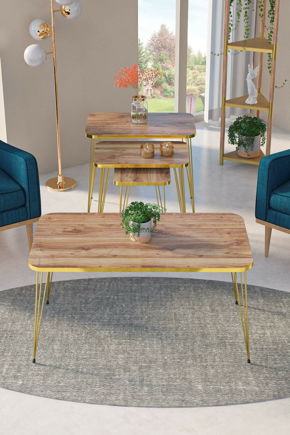 Walnut Coffee Table Set with 4 PCS,Rectangular Set With 3 Modern ...