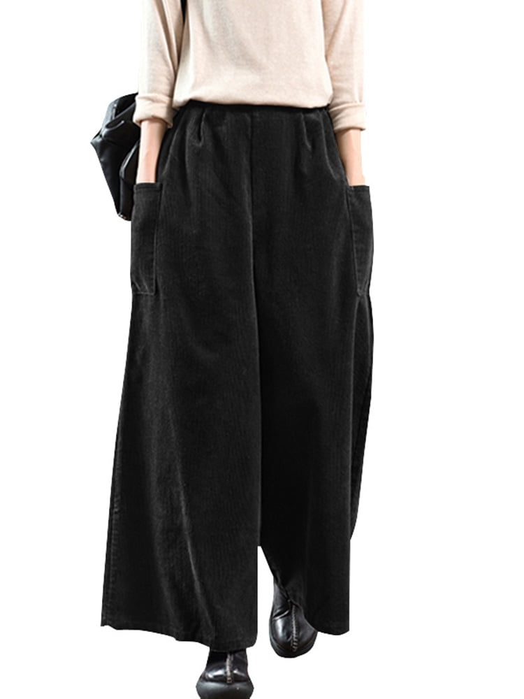 Zanzea Women Corduroy Elastic Waist Loose Casual Wide Leg Pants With
