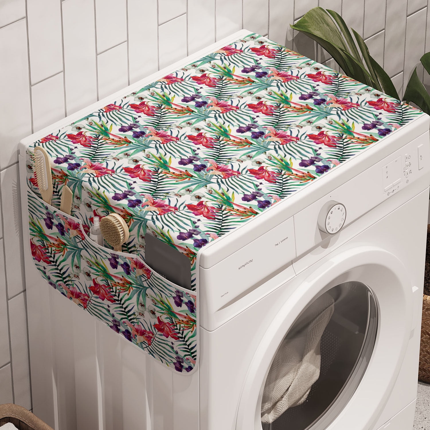 Floral Washing Machine Organizer, Watercolored Tropical Exotic Foliage ...