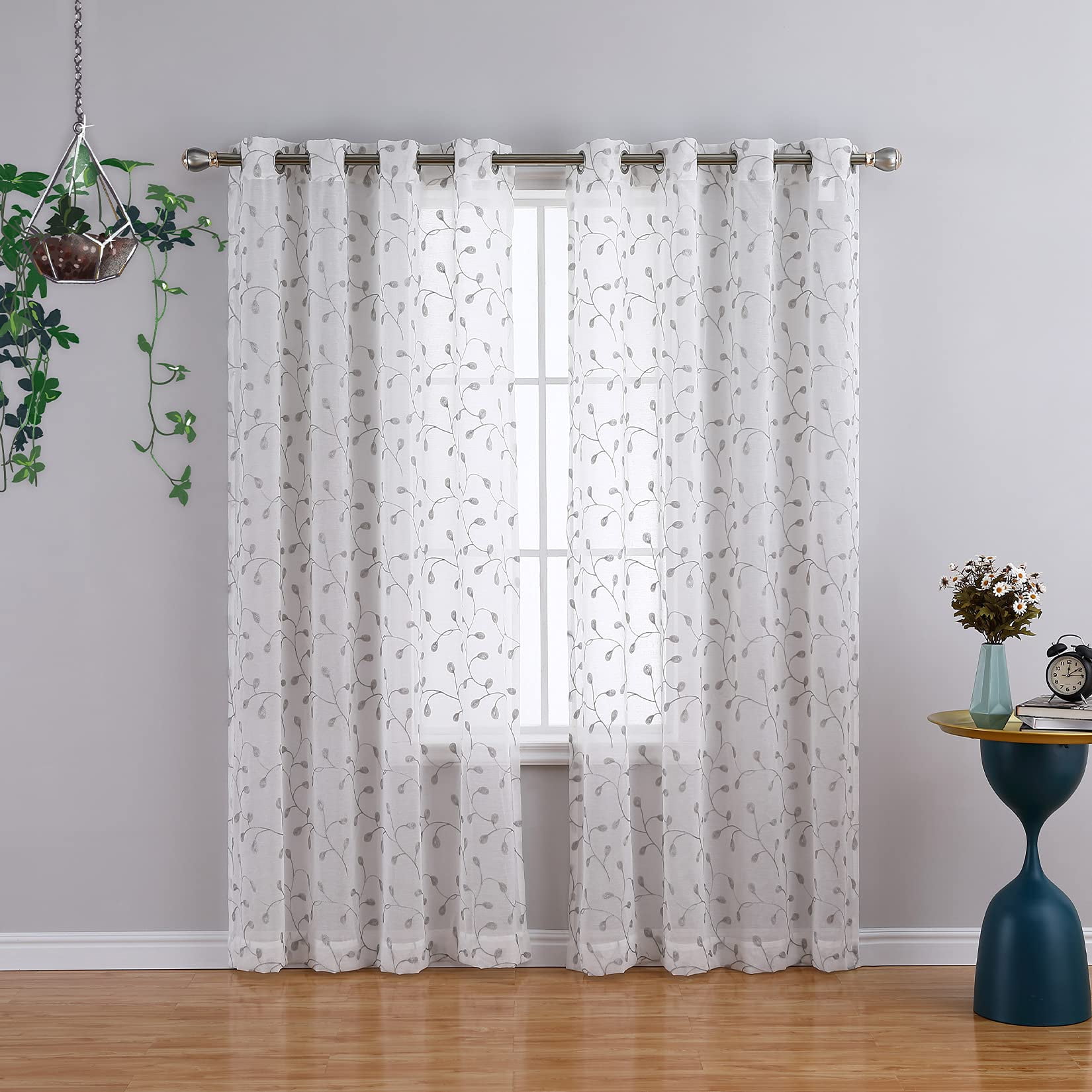 Oyang Sheer Curtains, Vine Embroidered Semi Transparent Voile Sheer ...
