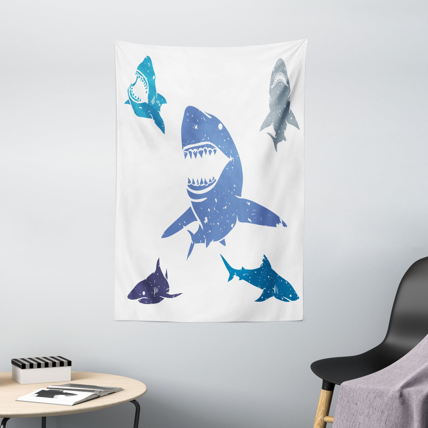 Shark Tapestry, Grunge Style Big and Small Sharks with Open Mouths ...