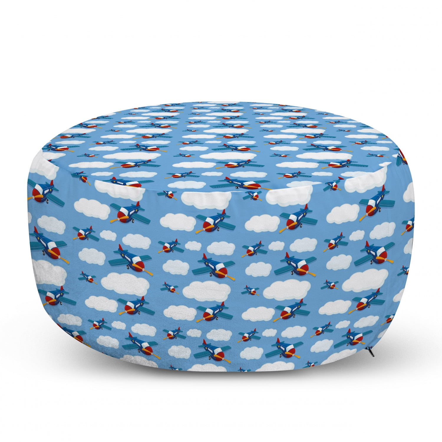 Blue Sky Pouf Cover with Zipper, Cartoon Layout of Funky Airplanes ...
