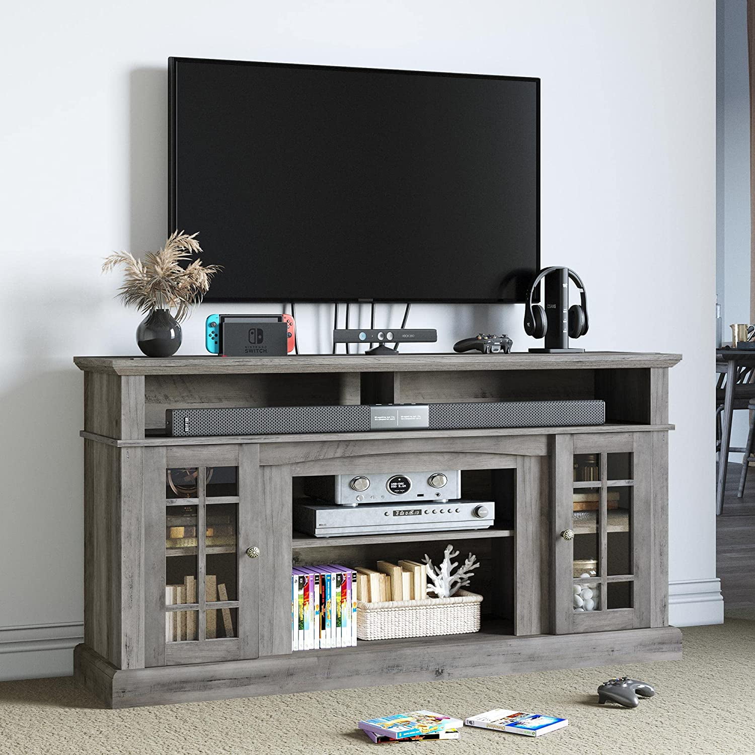 DEXTRUS Farmhouse TV Stand for TVs up to 65'', Wood TV Media Console Entertainment Center for ...