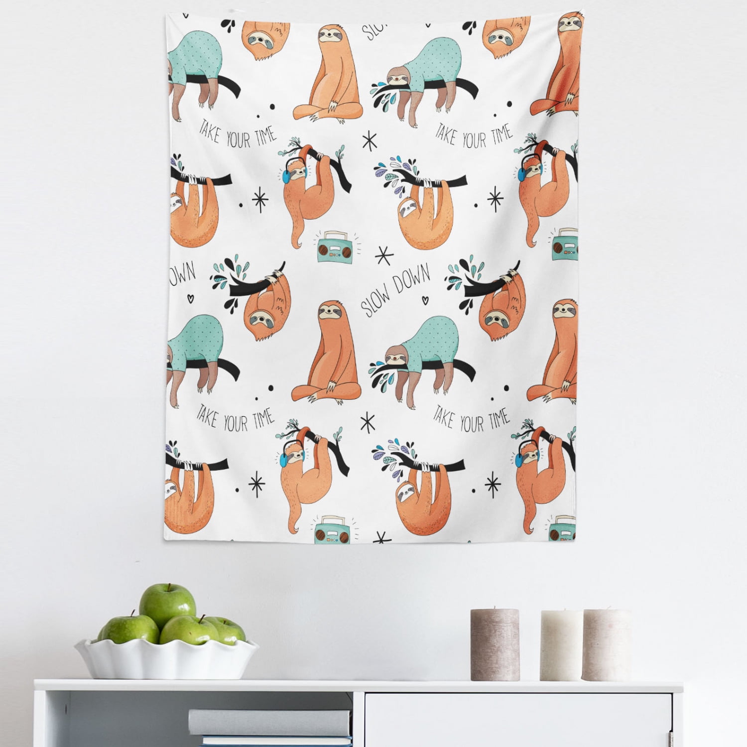 Sloth Tapestry, Pattern Hand Drawn Sloths on Branches Laziness Mood ...