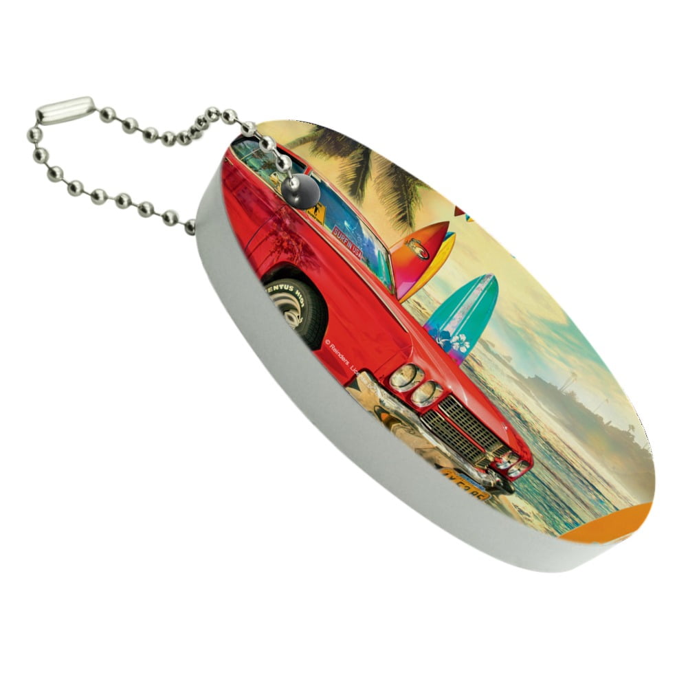 Red Classic Muscle Car Beach with Surf Boards Floating Keychain Oval ...