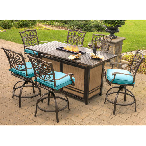 Hanover Traditions 7-Piece High-Dining Set in Blue with 30,000 BTU Fire ...
