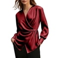 Ayolanni Satin Womens T Shirts Long Sleeve V-Neck Solid Blouse Loose ...
