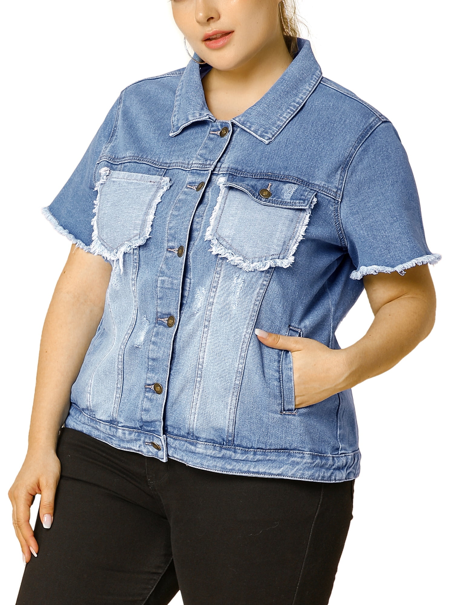 Agnes Orinda Women's Plus Size Distressed Short Sleeve Button Denim ...