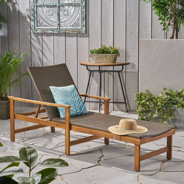 Camdyn Outdoor Rustic Acacia Wood Chaise Lounge with Wicker Seating ...