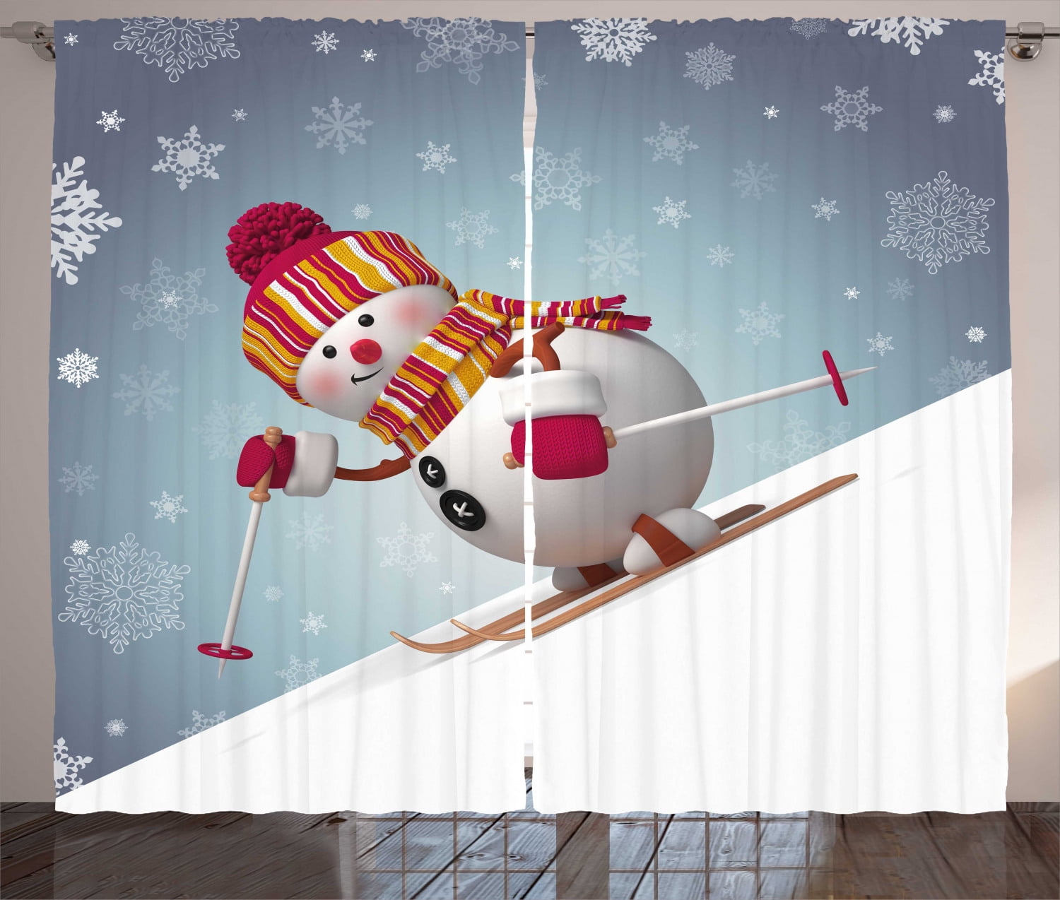 Snowman Curtains 2 Panels Set, Skiing Snowman in 3D Style with Ornate ...