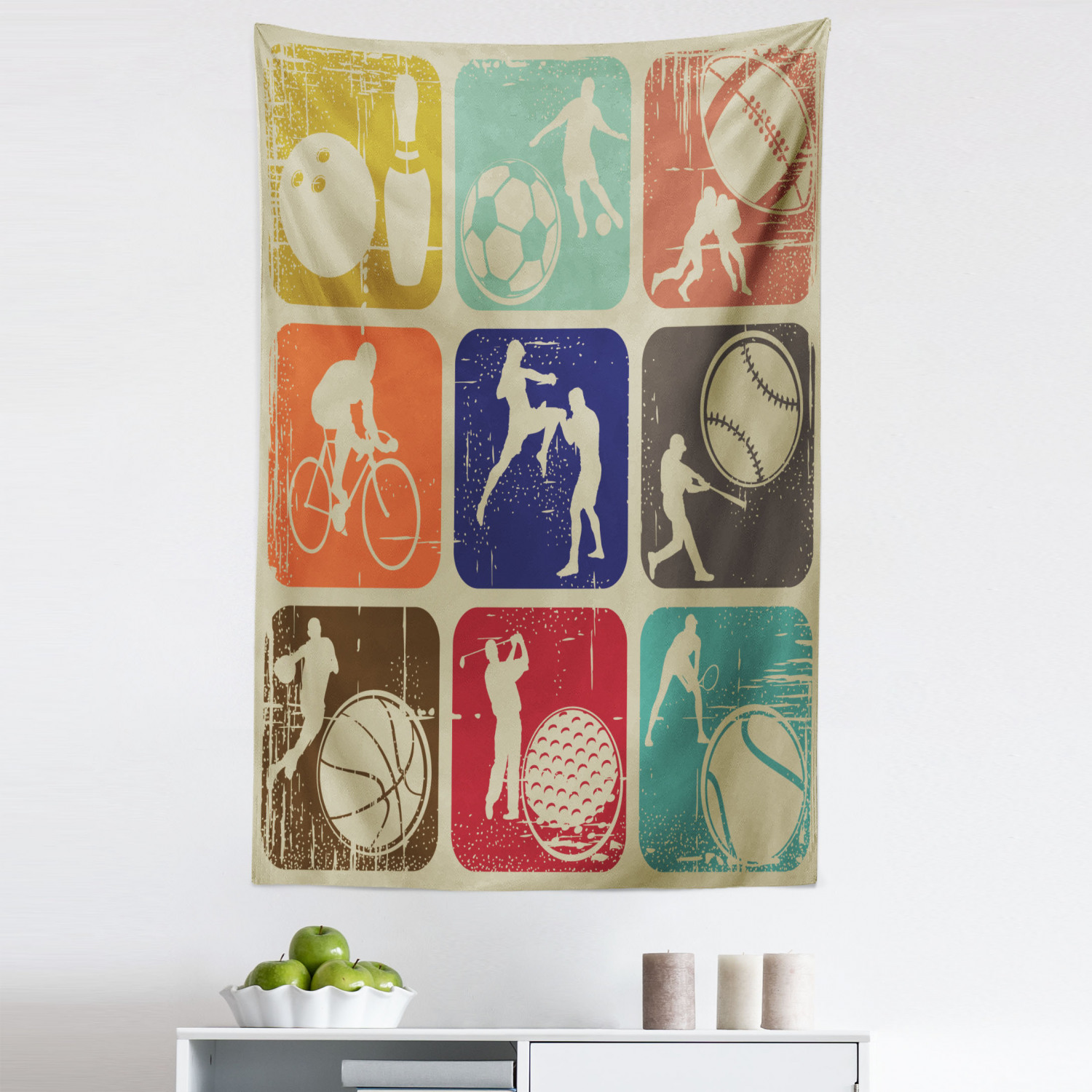Vintage Tapestry, Assorted Sports Banners Vintage Grunge Effect Tennis ...