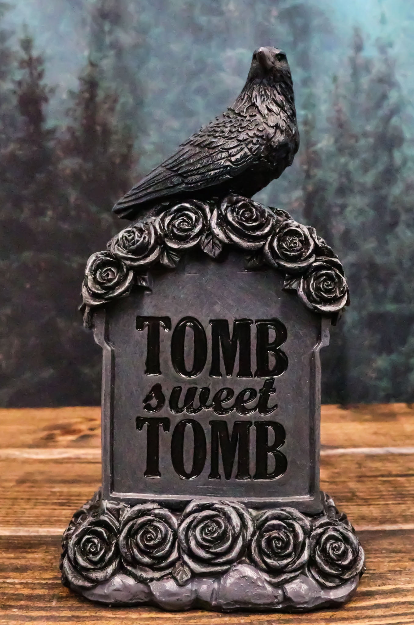 Gothic Raven Crow Perching On Black Roses Graveyard Tomb Headstone ...