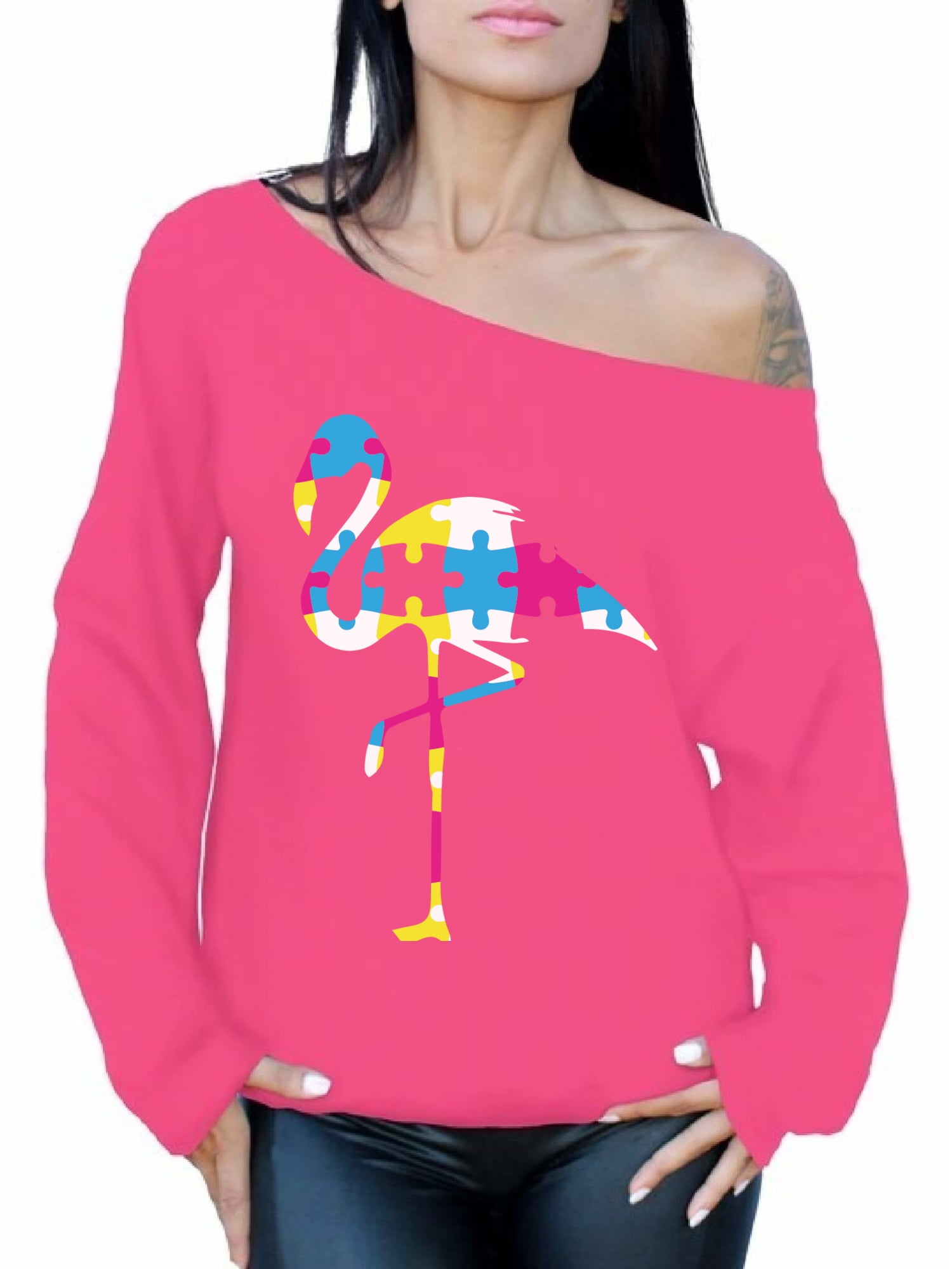 Awkward Styles Autism Flamingo Puzzle Off Shoulder Sweatshirt Women's ...
