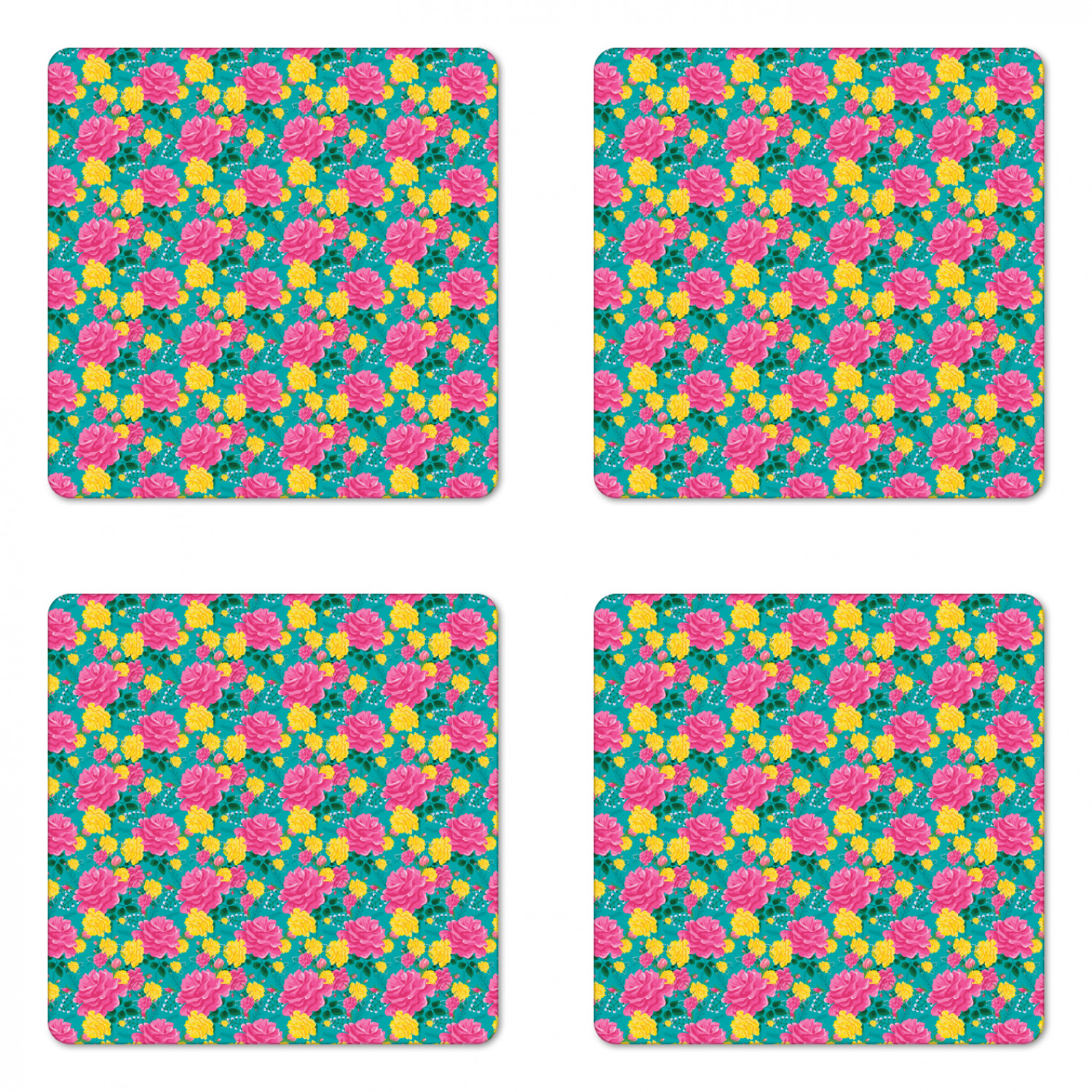 Rose Coaster Set of 4, Colorful Romantic Bouquet of Spring Roses and ...