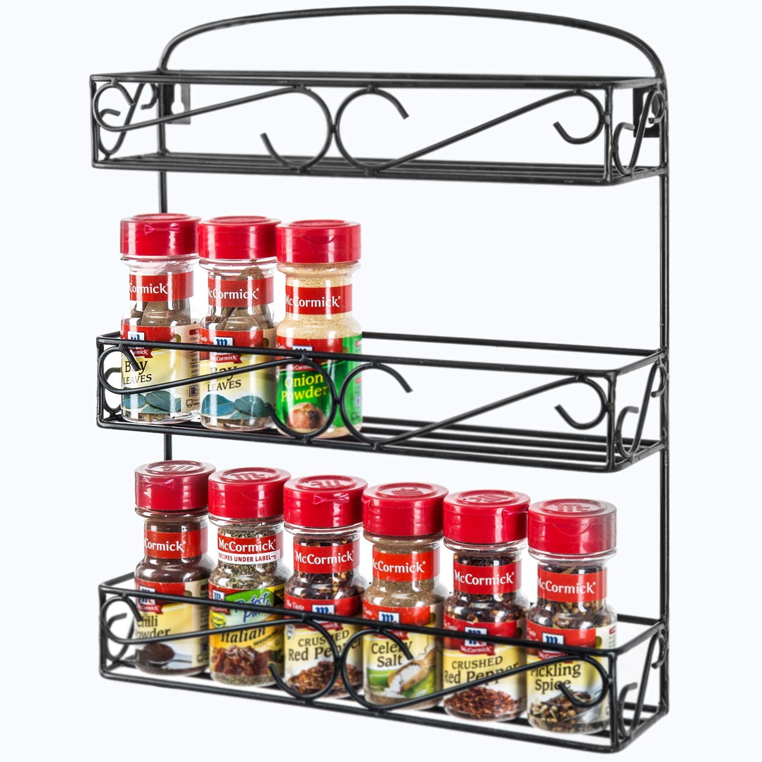 MyGift 3-Tier Black Metal Wire Wall Mounted Spice Rack, Scrollwork ...