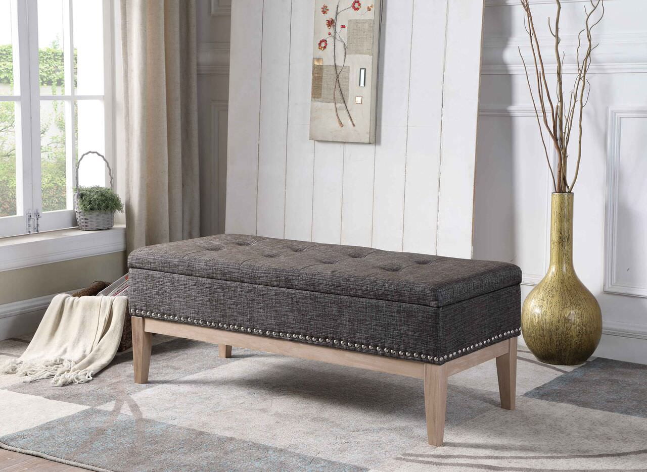 18" in GREY TUFTED MID-CENTURY STORAGE BENCH w/ UNFINISH LEGS - Walmart.com