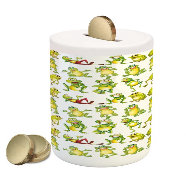 Cartoon Piggy Bank, Frogs in Different Positions Funny Happy ...