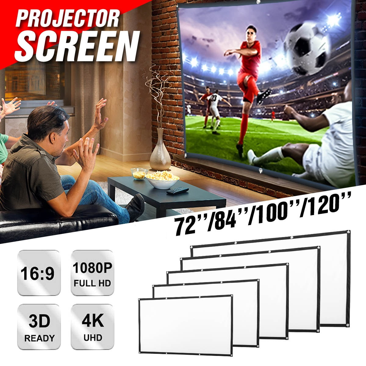 60/72/84/100/120/150" Projector Screen,16:9 Portable Indoor Outdoor ...