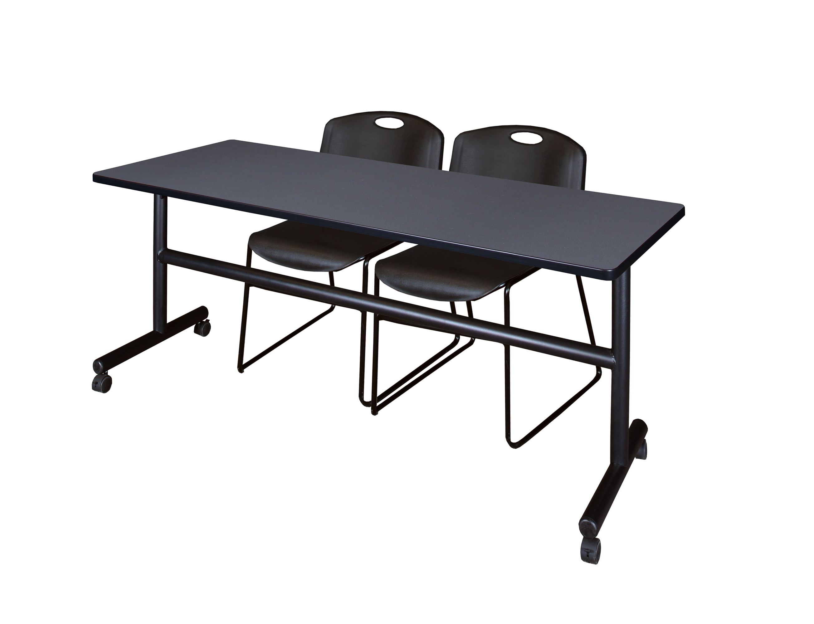 72" x 30" Flip Top Mobile Training Table- Grey and 2 Zeng Stack Chairs ...